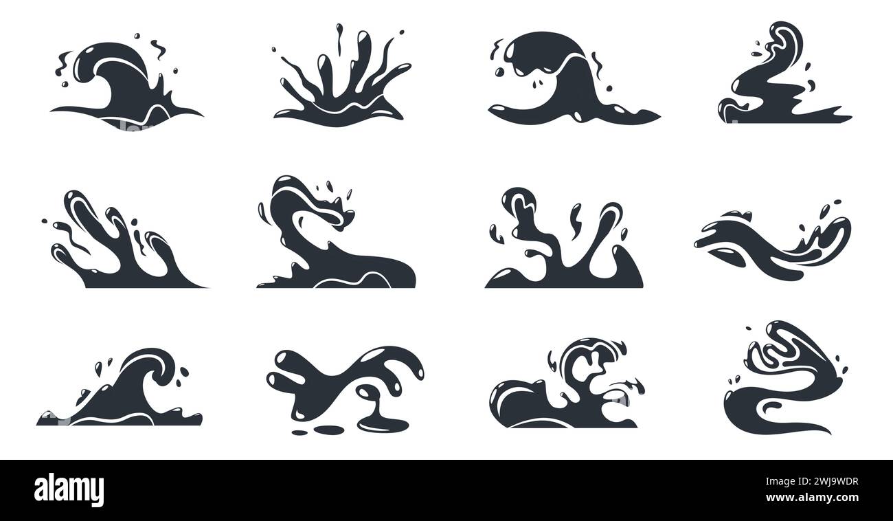 Cartoon wave silhouettes. Black stream splatter symbol and wet flow ...
