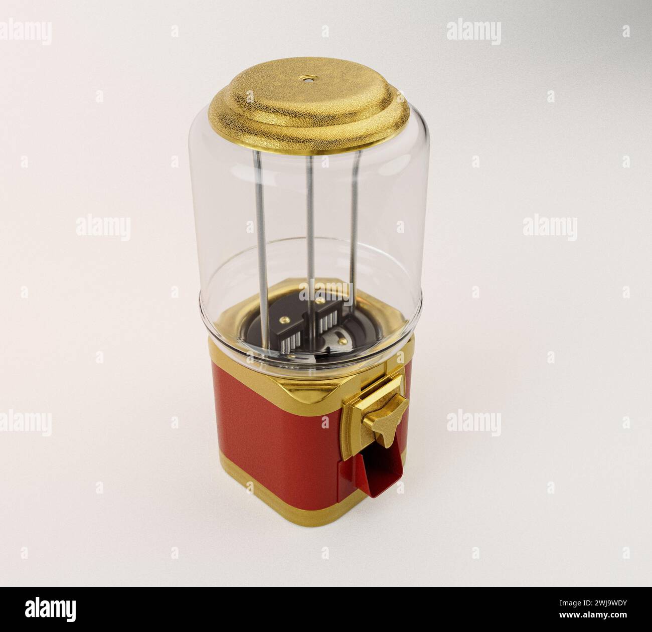 An empty red and brass vintage gumball dispensing machine fon an ...