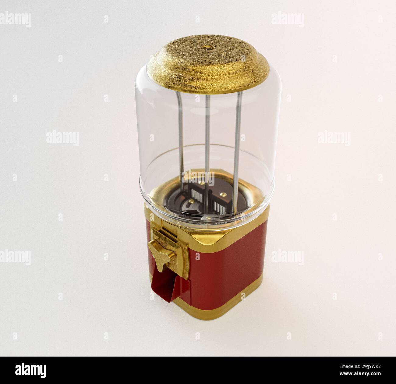 An empty red and brass vintage gumball dispensing machine fon an ...