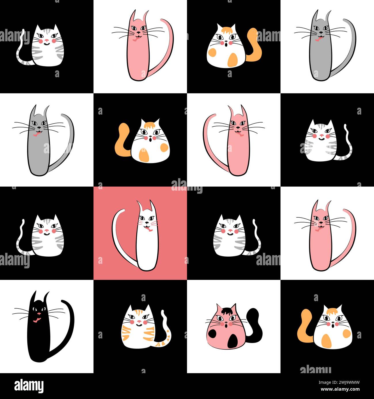 Seamless pattern white, pink, grey and yellow cats on the chessboard ...