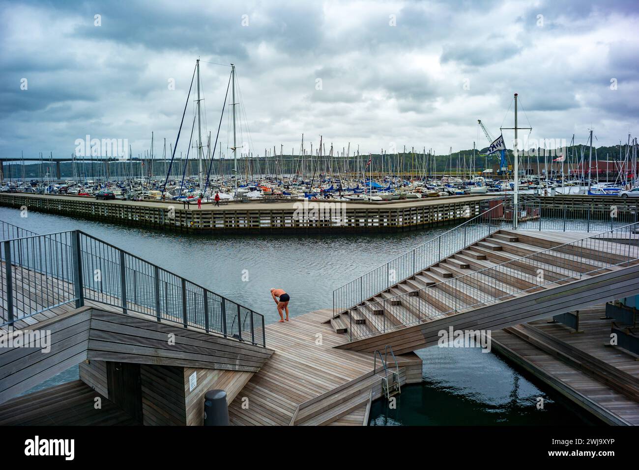 vejle,denmark, 07 aug 2023, man diving in the harbour, *** vejle ...