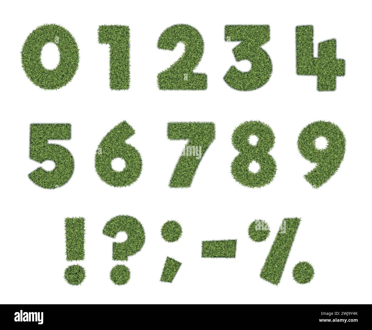 Set of numbers and punctuation marks with grass texture. Green eco ...