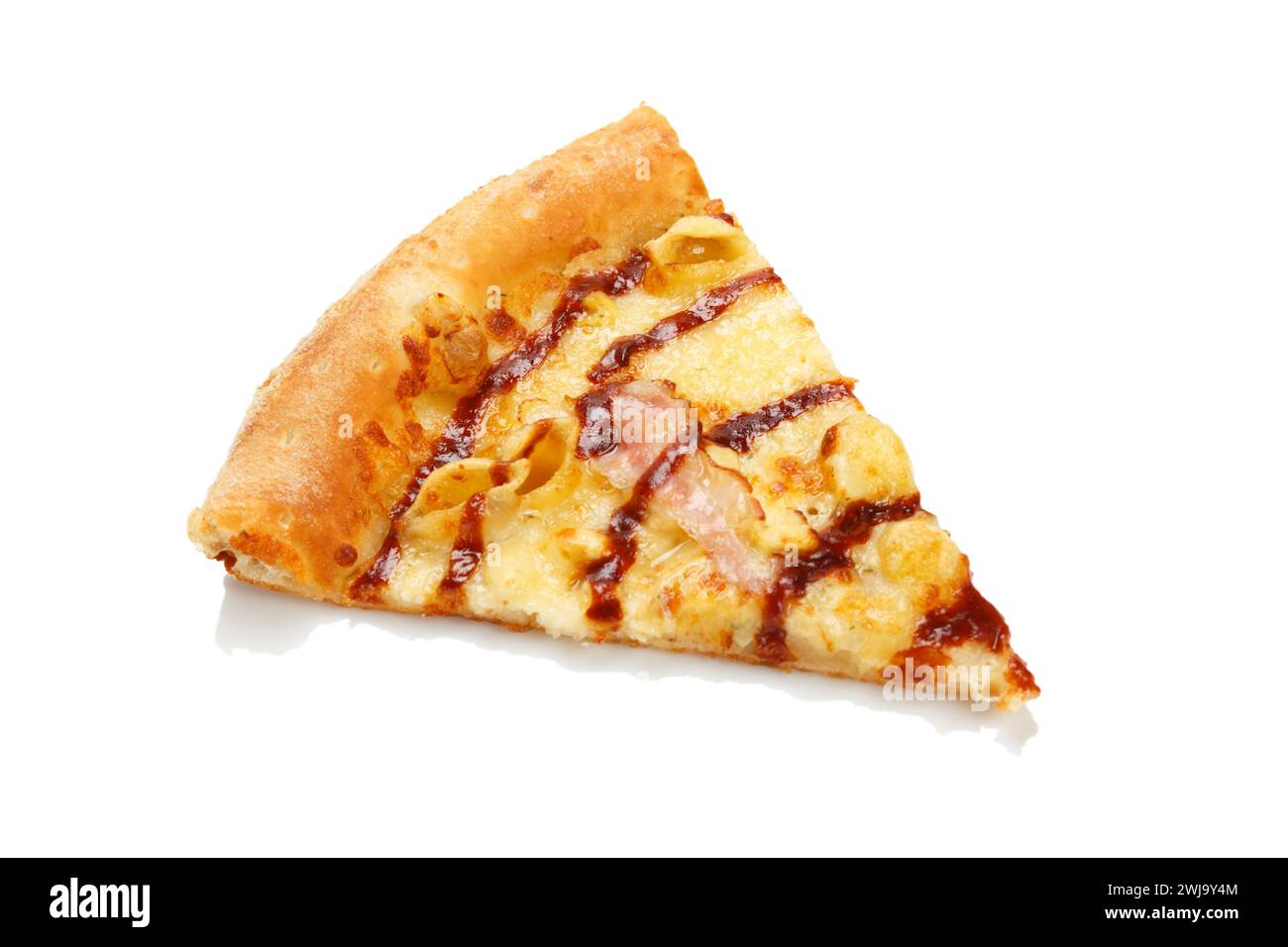 Slice of italian bacon pizza over white isolated background Stock Photo ...
