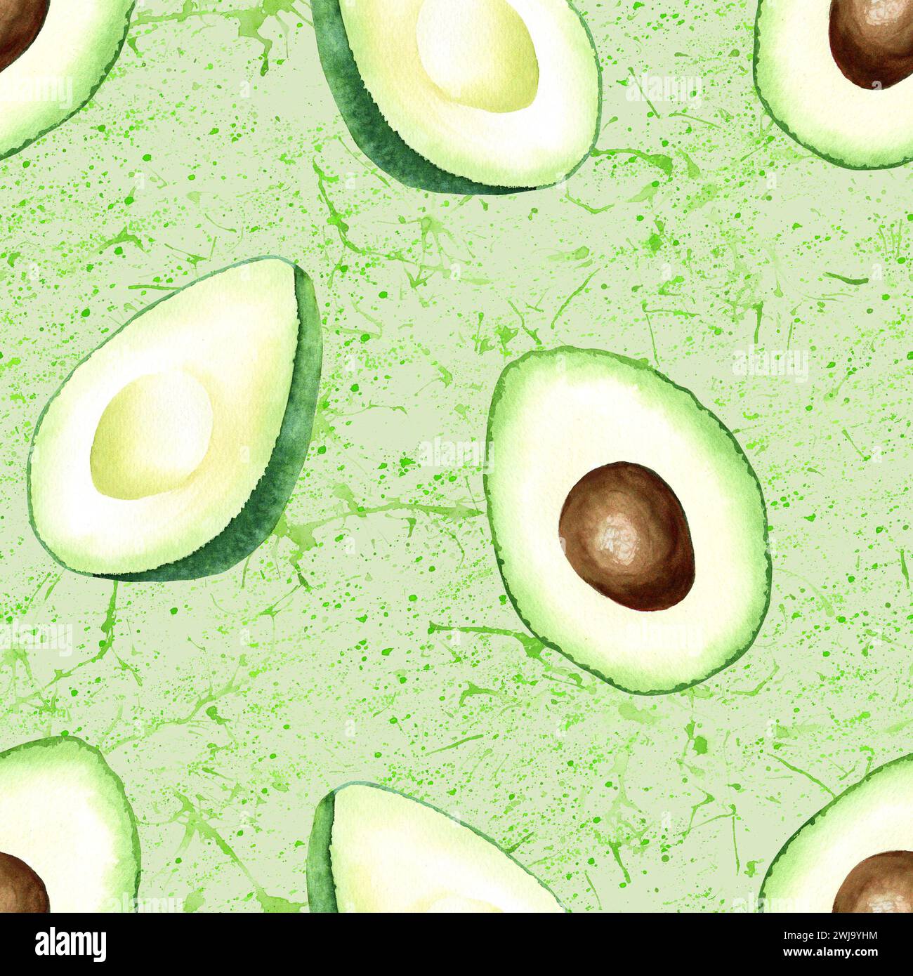 Watercolor seamless repeat pattern with green avocado and splashes ...