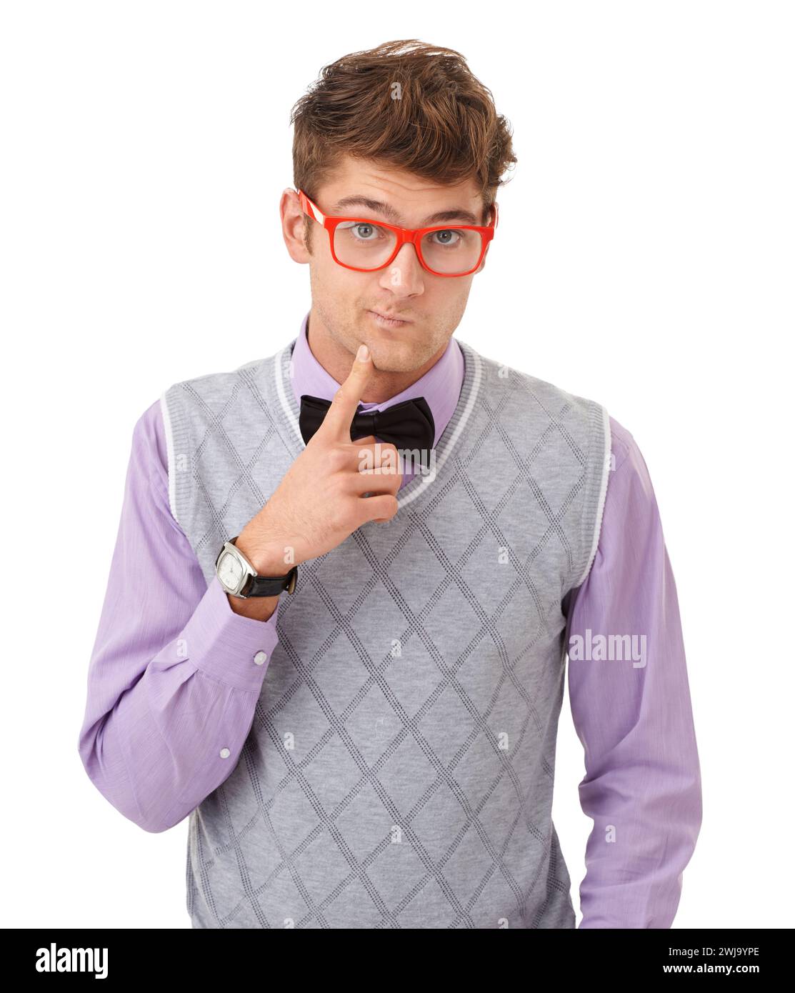 Studio, geek and retro portrait of man with doubt, glasses and thinking ...