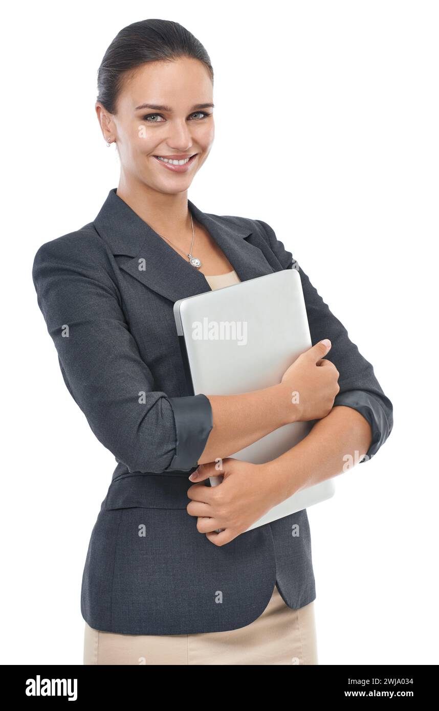 Happy, business woman and portrait with laptop of receptionist on a ...