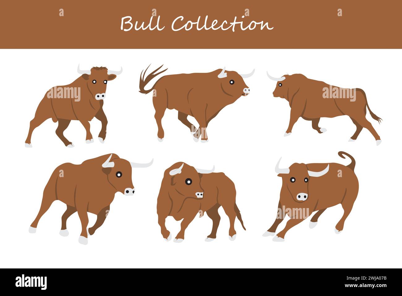 Bull cartoon vector illustration. Cute bull in different poses and ...