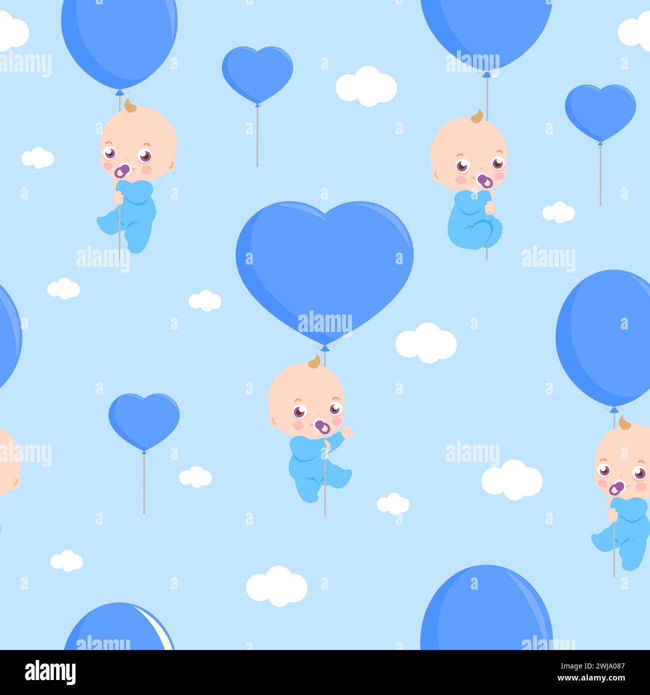 Babies with blue balloons. Baby shower party background with babies and ...