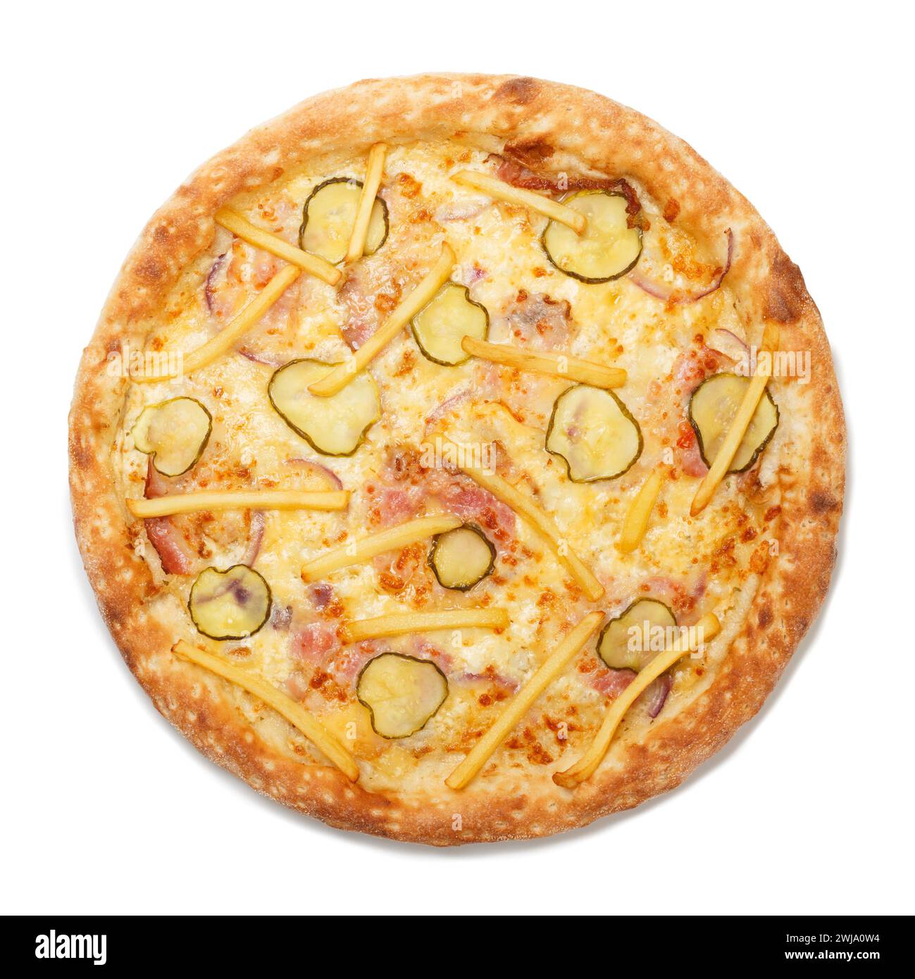 Top view on italian pizza with fries, bacon and pickled cucumbers ...