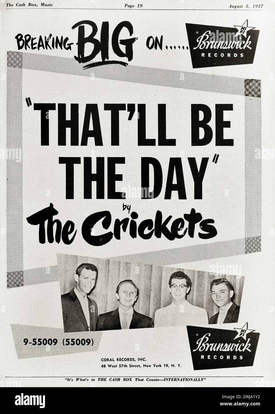 Buddy Holly and The Crickets, 1957 - That'll Be the Day ad - Cash Box, Brunswick Records Stock ...
