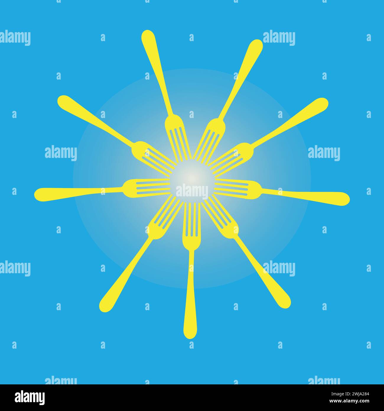 Yellow forks arranged in shape of a sun on blue background Stock Vector ...
