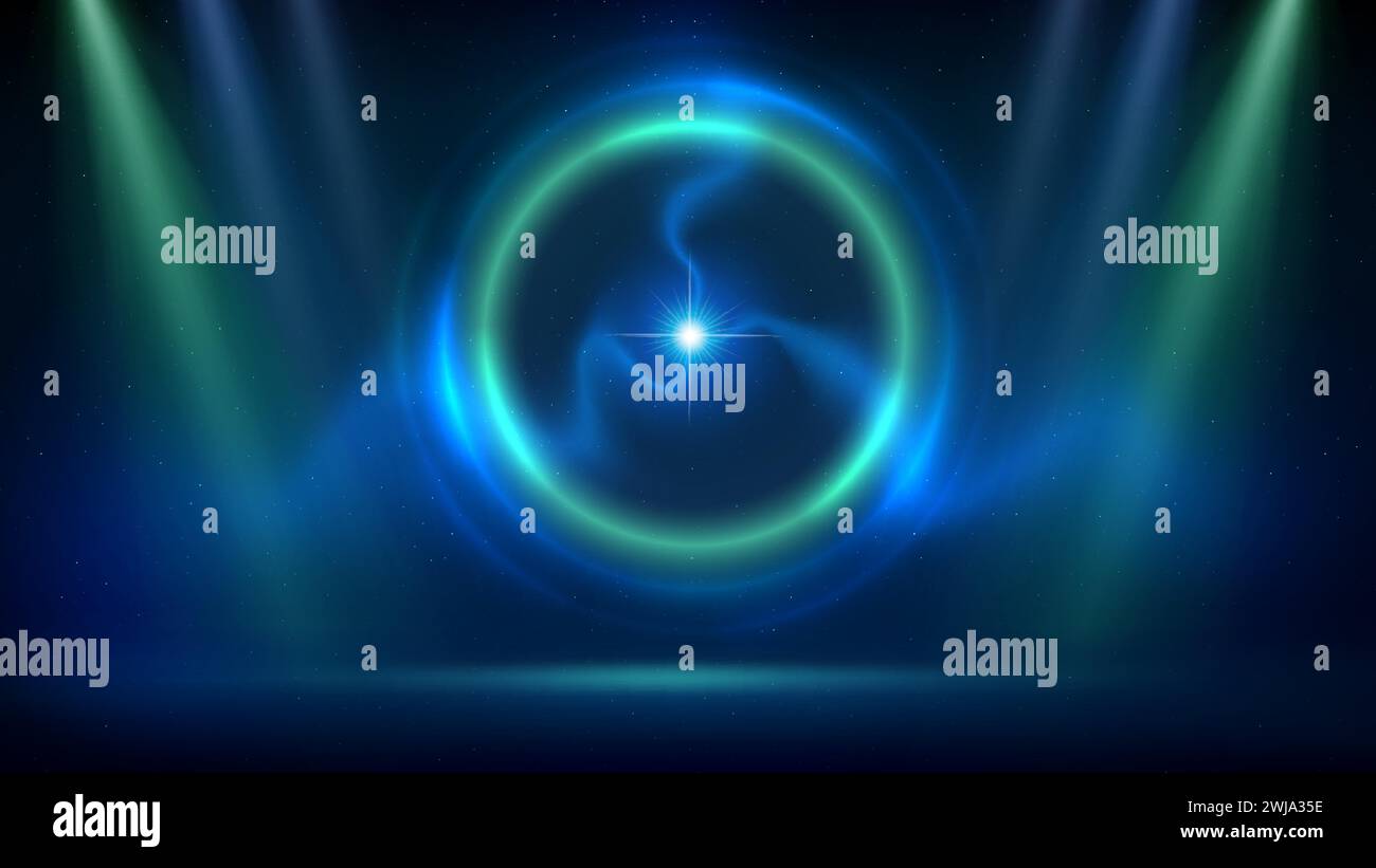 Bblue green spotlight backdrop. Stage with green blue circular lighting ...