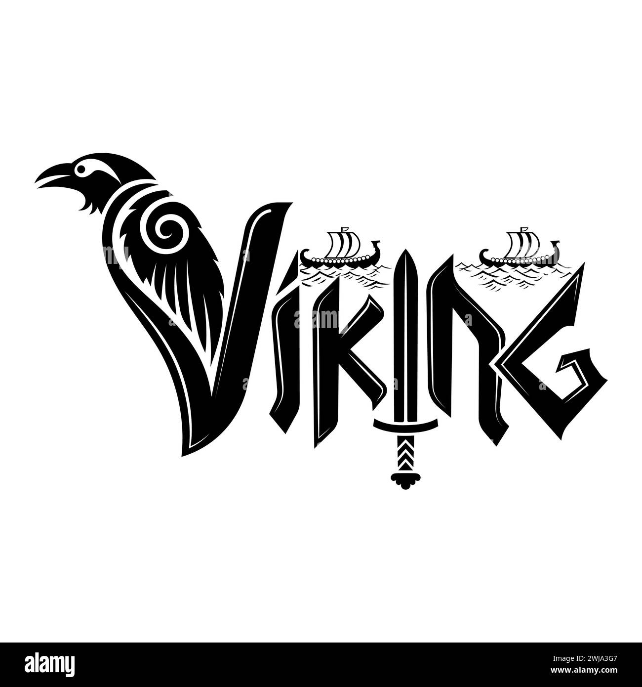Old Scandinavian design. Vintage inscription - Viking, with Raven, hand ...