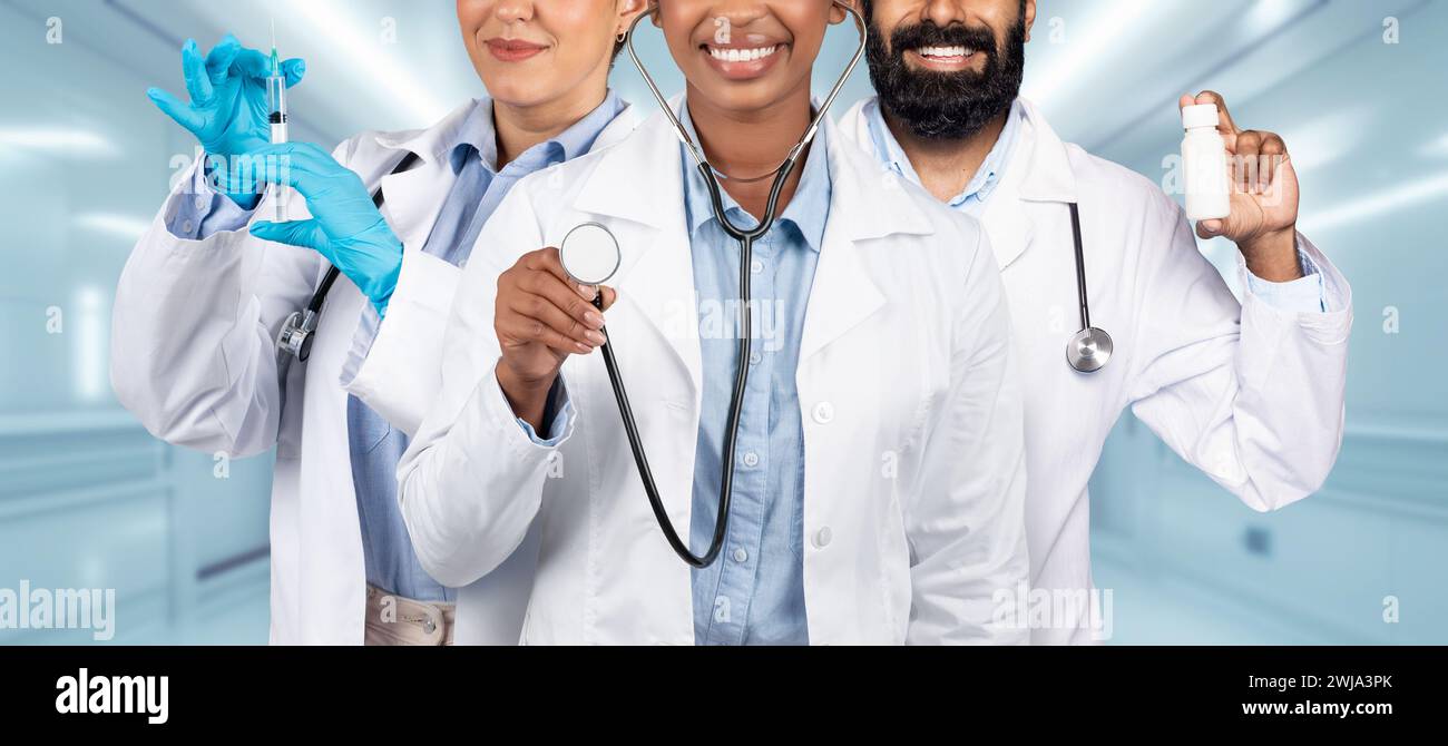 A diverse team of medical professionals with a syringe, stethoscope ...