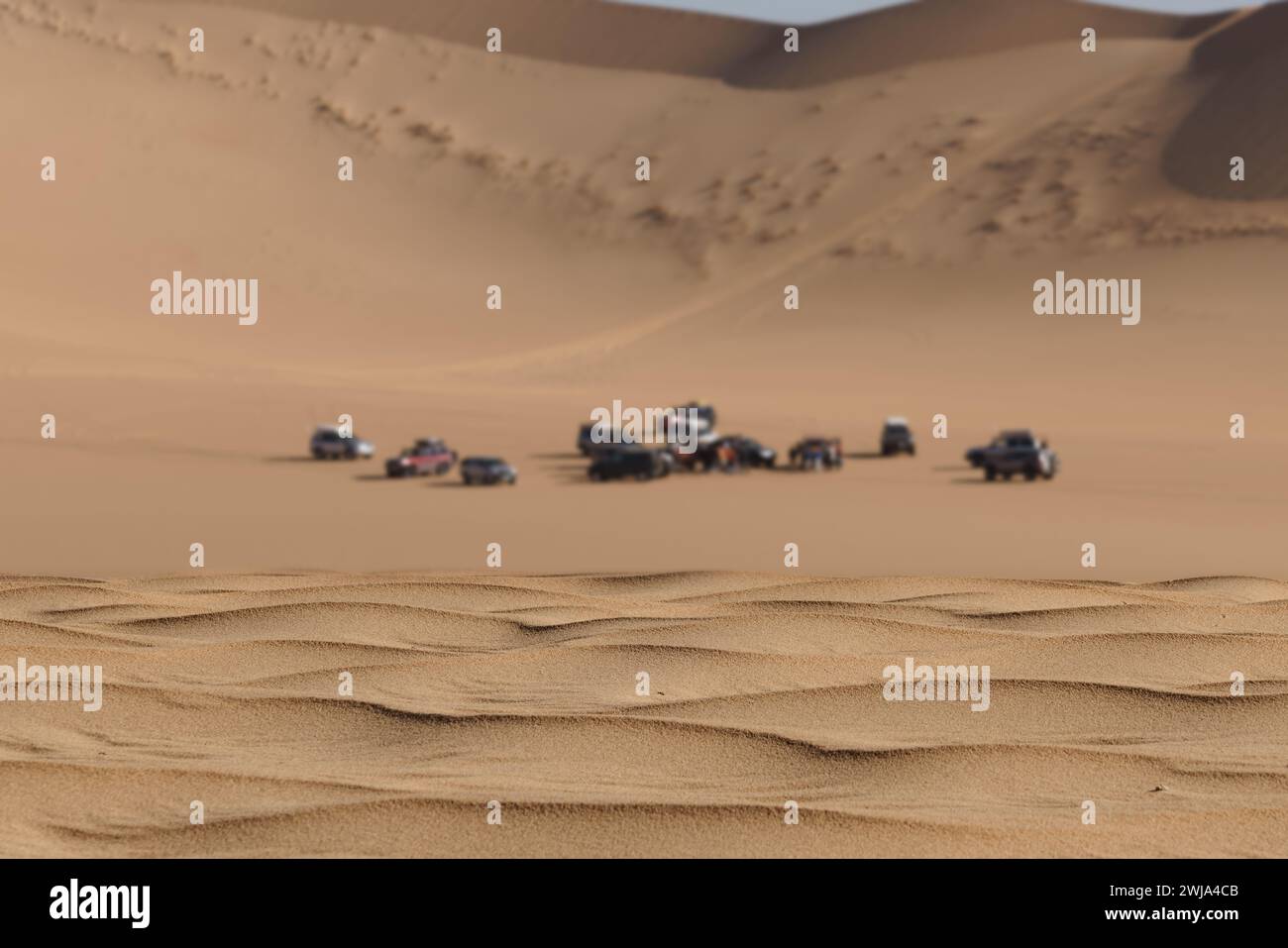 A convoy of off-road vehicles makes its way across vast sandy dunes ... A convoy of off-road vehicles makes its way across vast sandy dunes ...