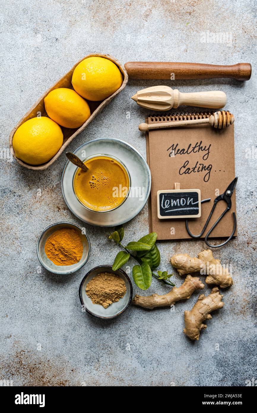 Ingredients for a healthy recipe laid out on a rustic kitchen ...
