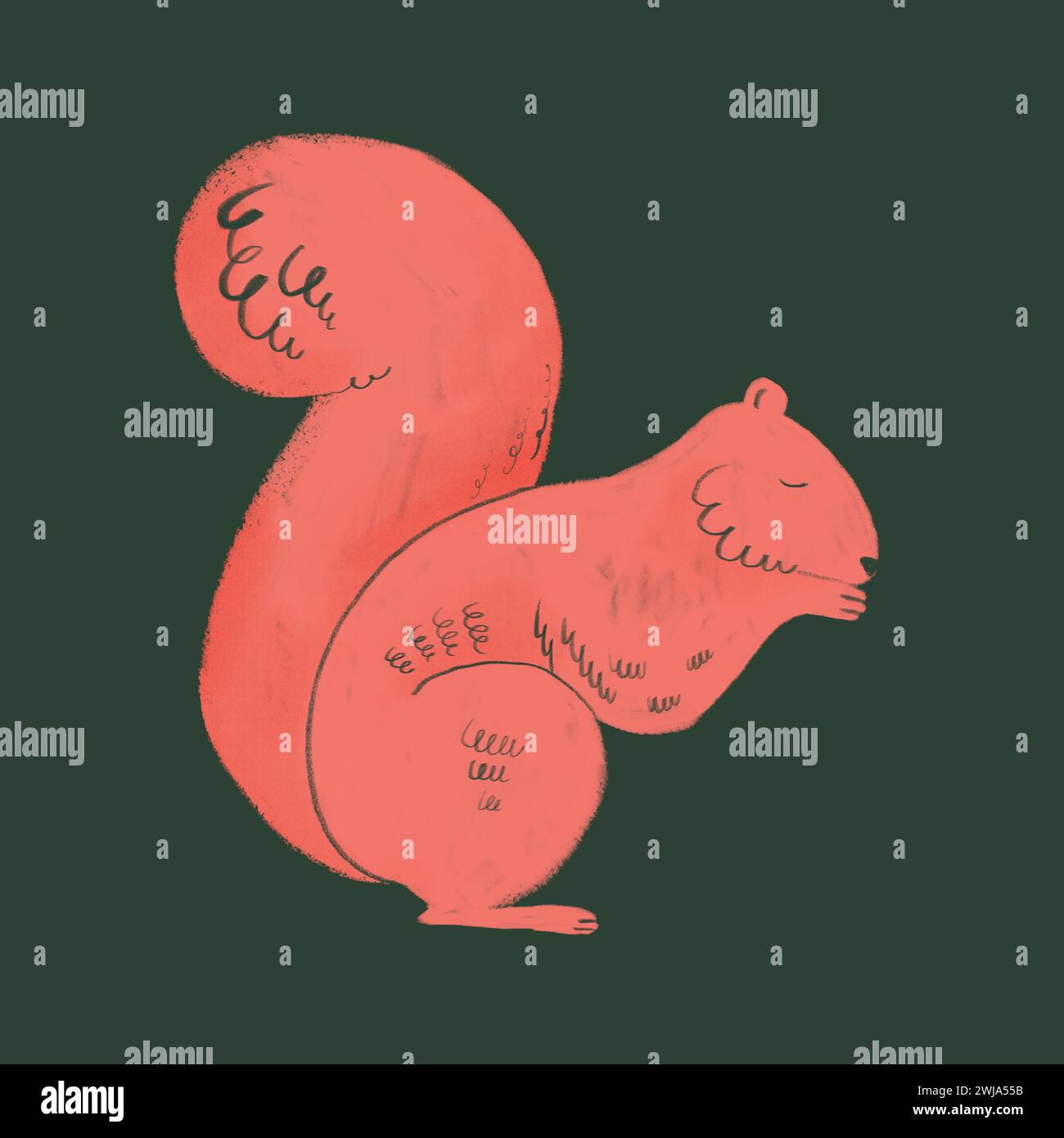 Abstract red squirrel illustration on a dark green background with ...
