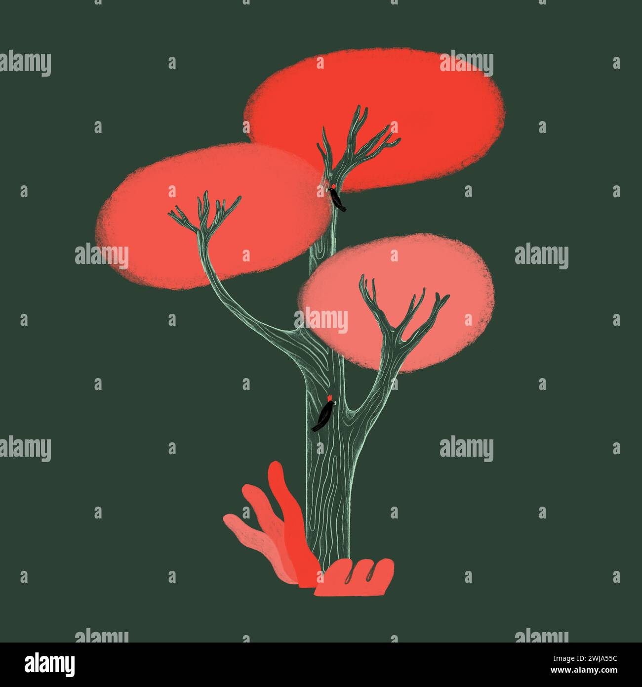Surreal artwork featuring a tree with pink foliage and a branch ...