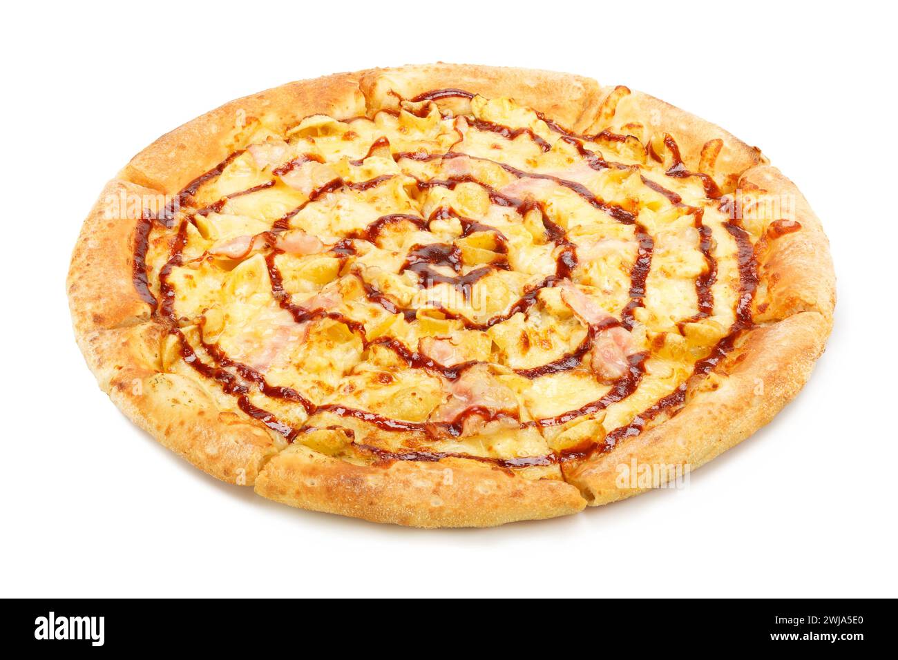 Top view on italian pizza with bacon and pickled cucumbers isolated on ...