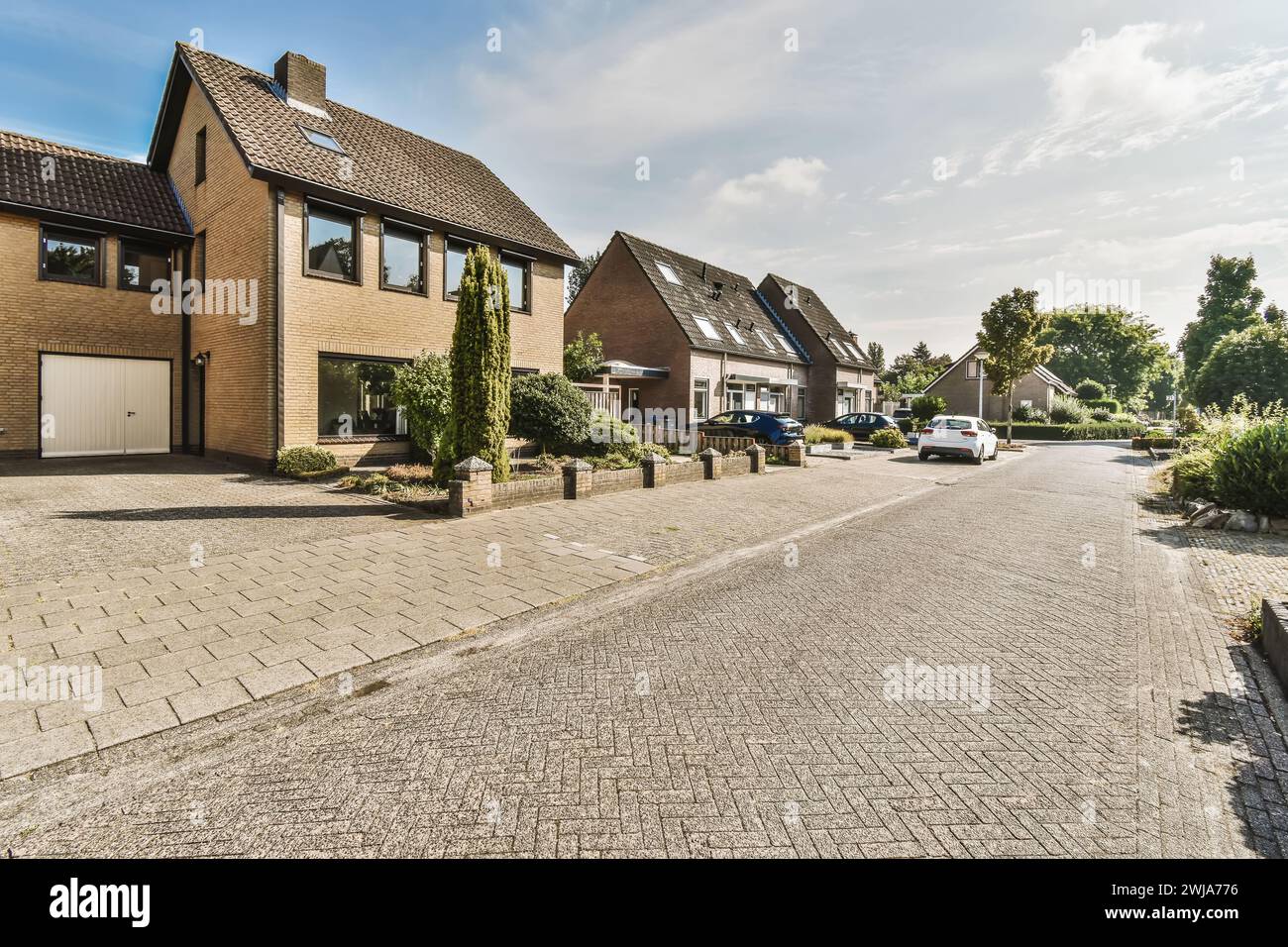 A tranquil suburban road featuring contemporary houses with landscaped ...