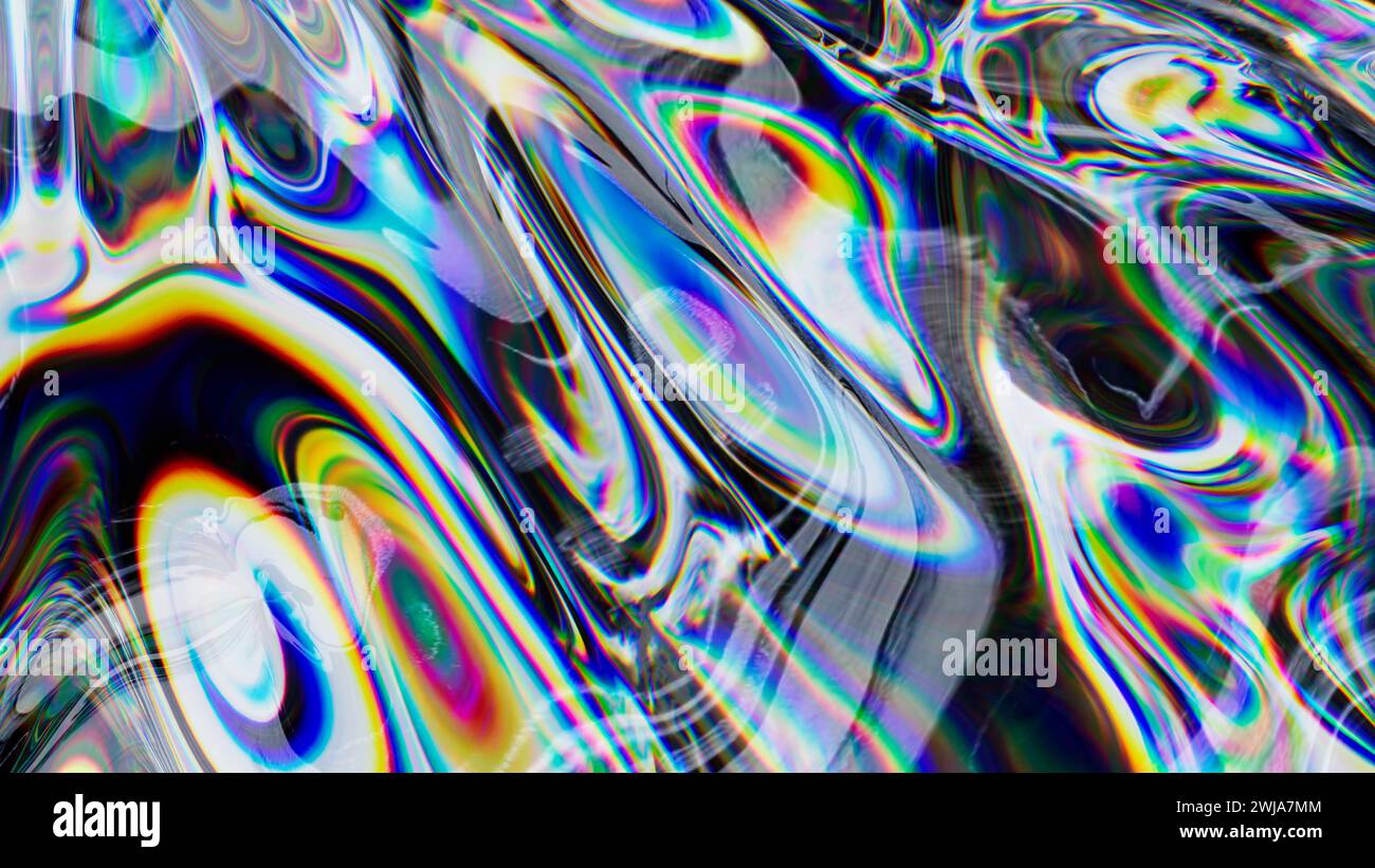 A complex interplay of rainbow colors creates a liquid-like abstraction ...