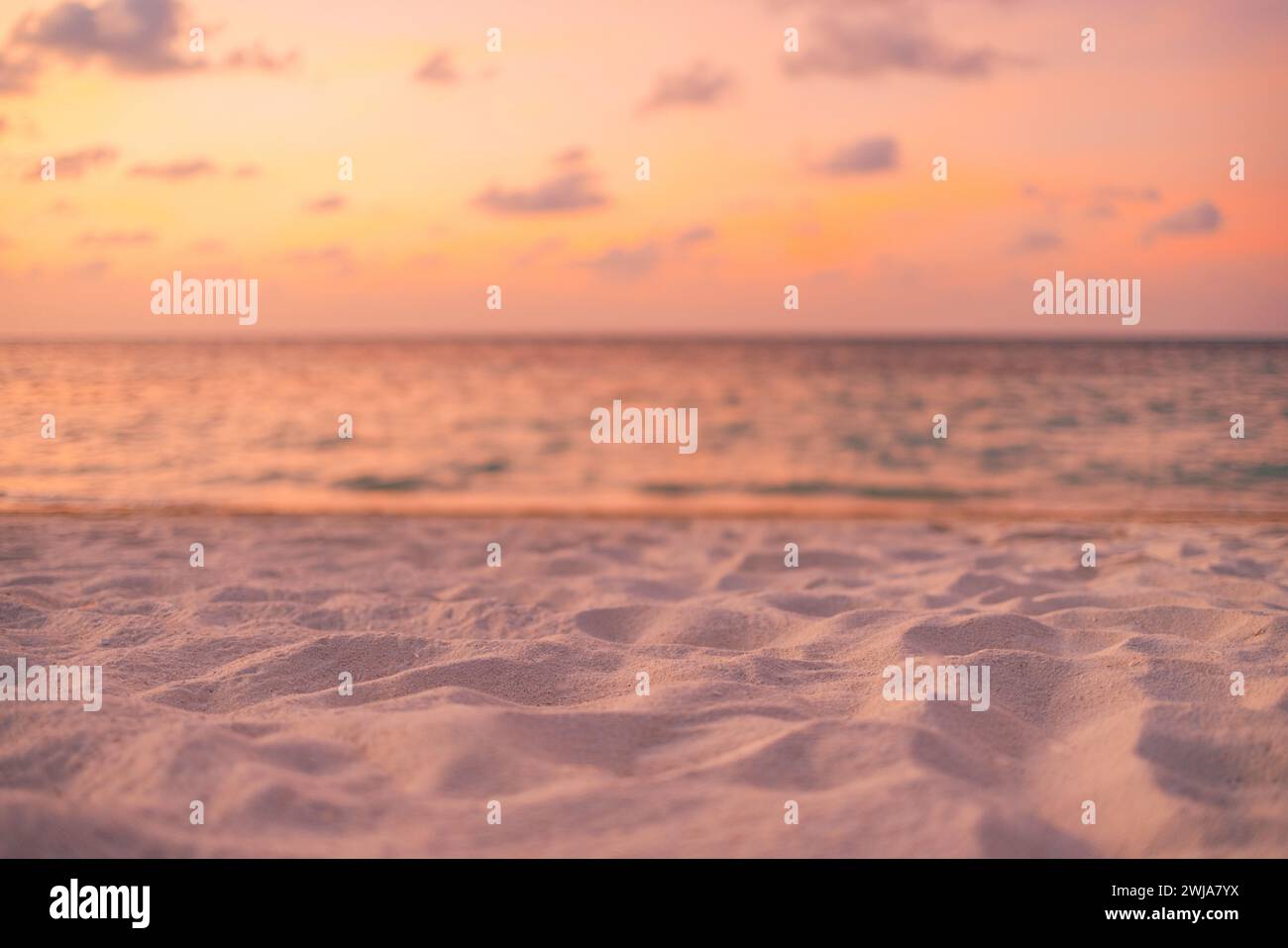 Amazing closeup beach sunset, endless blurred horizon, incredible ...
