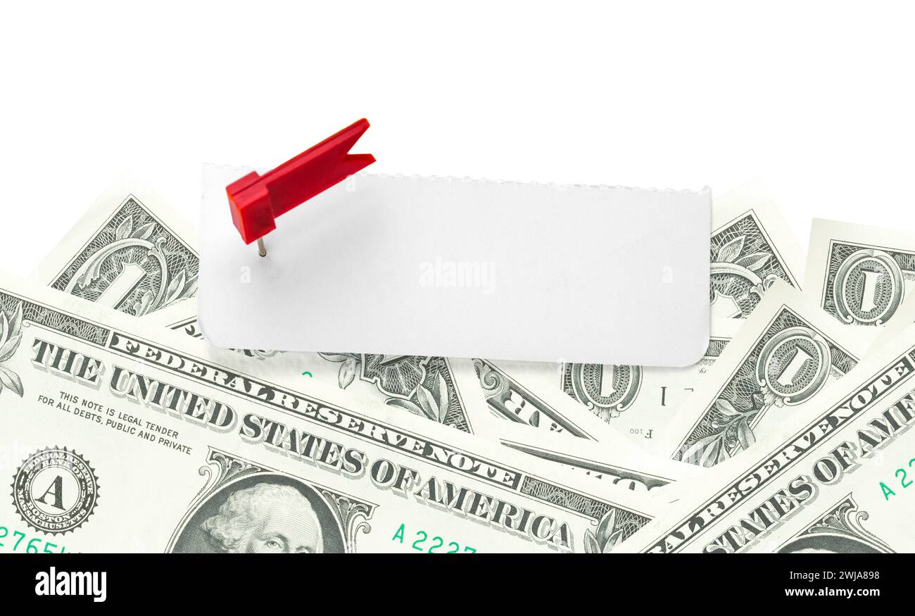Blank note on a pile of money. Sheet of note paper with push pin on ...