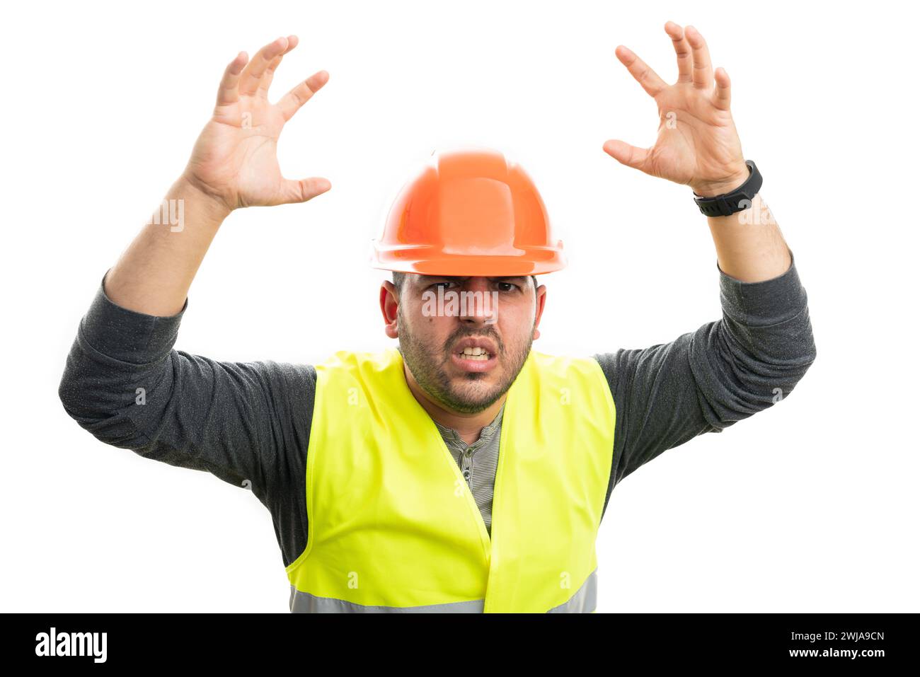Constructor adult man wearing yellow vest and orange helmet making ...