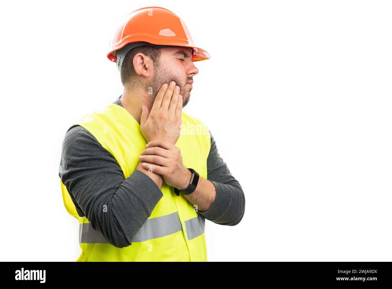 Male construction trades industry worker wearing uniform fluorescent ...