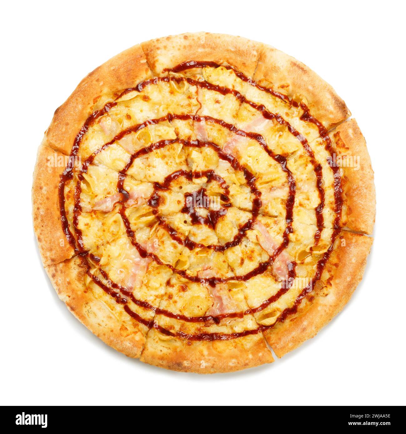 Top view on italian pizza with bacon and macaroni isolated on white ...
