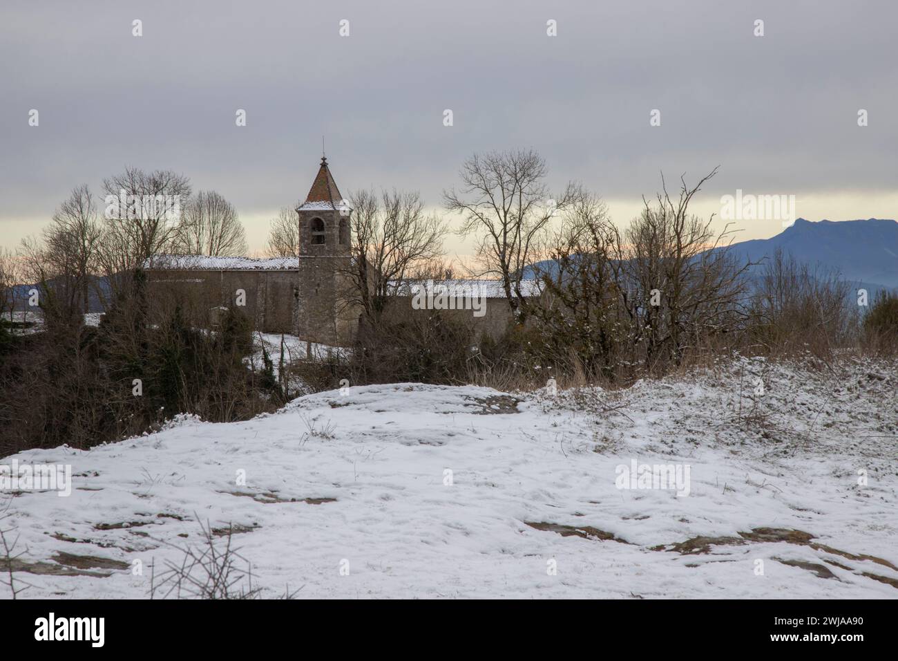 A snowy landscape with a breathtaking mountain view at Santuari de ...
