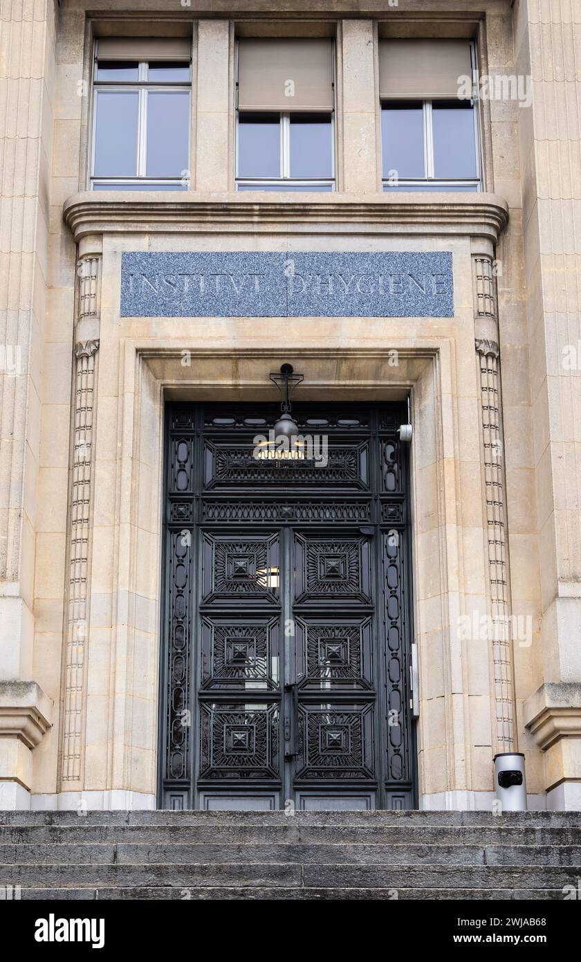 Geneva, Switzerland - February 3, 2024: Entrance of the ancient Hygiene ...