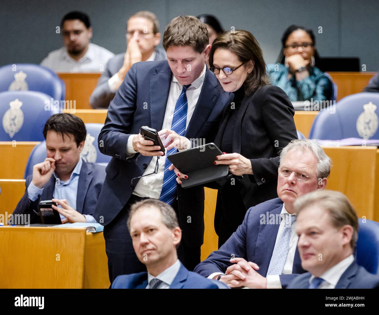 THE HAGUE - Jan Paternotte (D66), Nicolien van Vroonhoven (NSC), Eddy van Hijum (NSC) and Pieter ...
