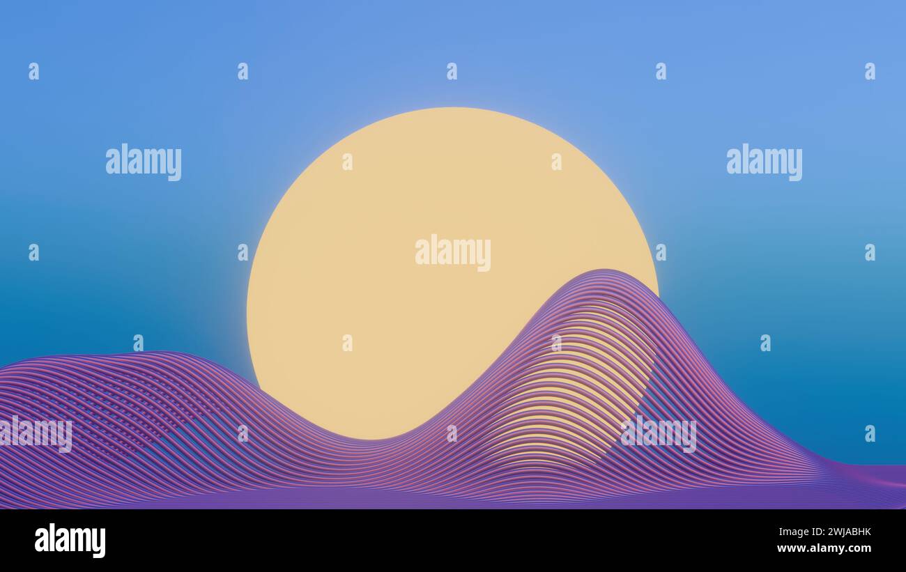 This 3D Image features a minimalist design of retro waves with a sun ...