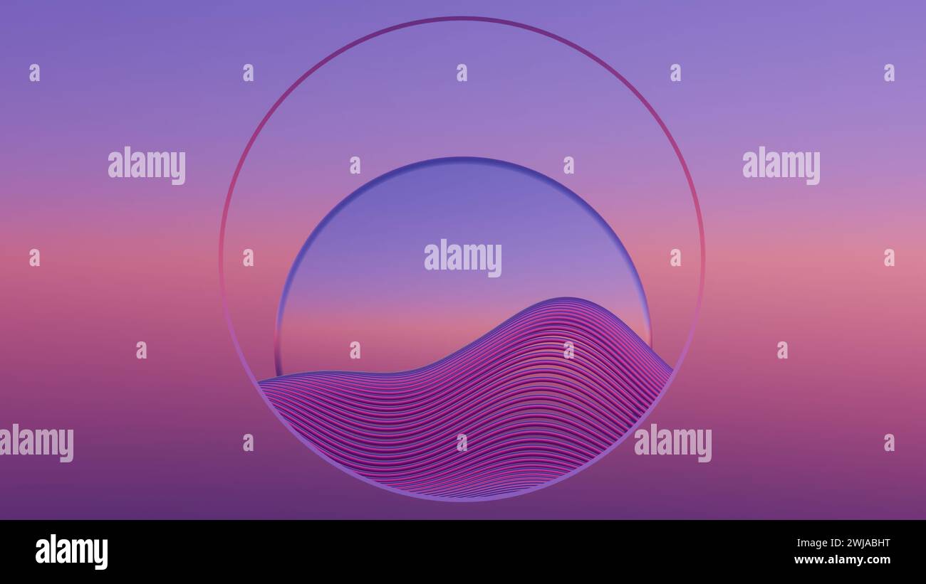 This 3D Image features a minimalist design of retro waves with a sun ...
