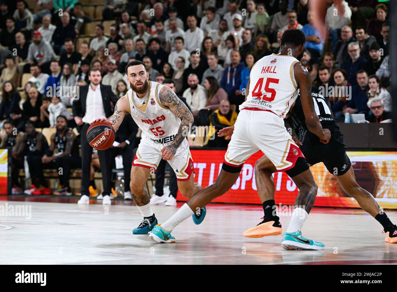 Monaco, Monaco. 13th Feb, 2024. Monaco players #55 Mike James? #45 ...