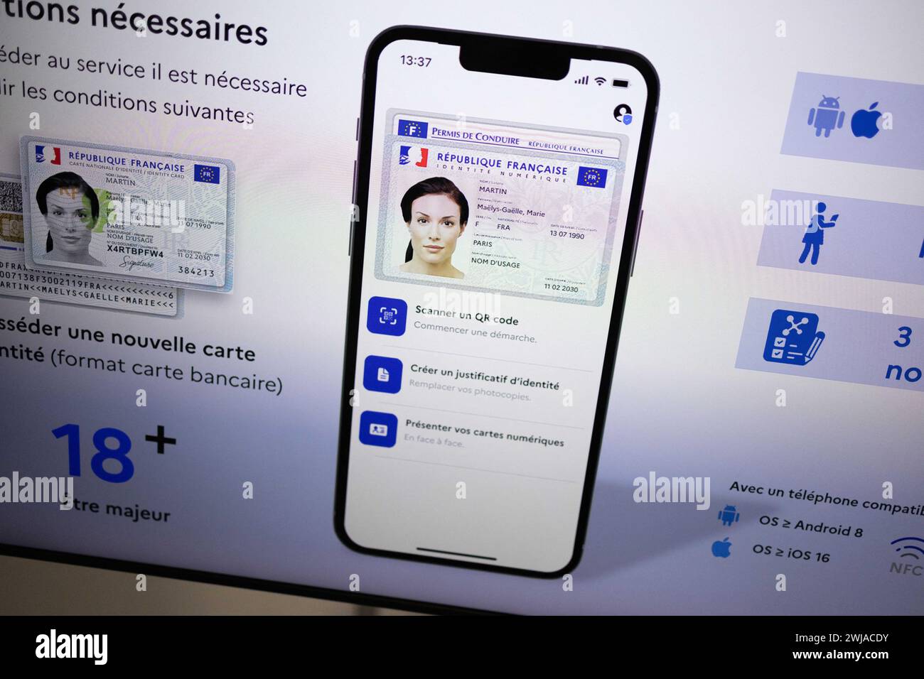 Paris, France. 14th Feb, 2024. View of the digitalized Identity Card ...