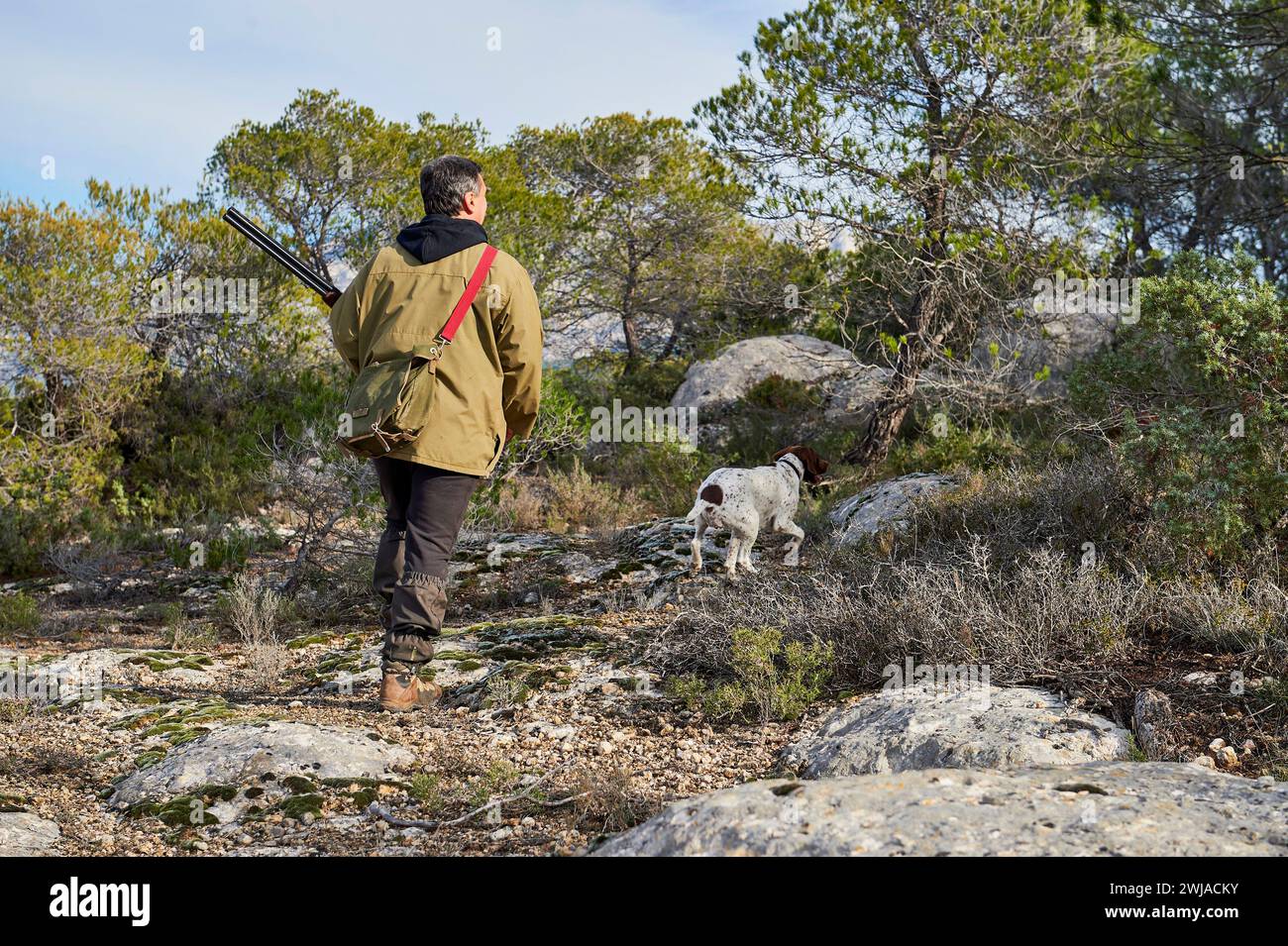 Stalking with a hunter in the hills of the Provence region, in ...