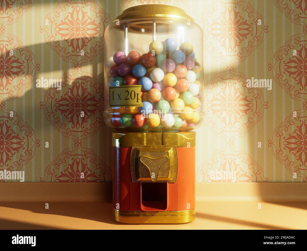 A red and brass vintage gumball dispensing machine filled with ...