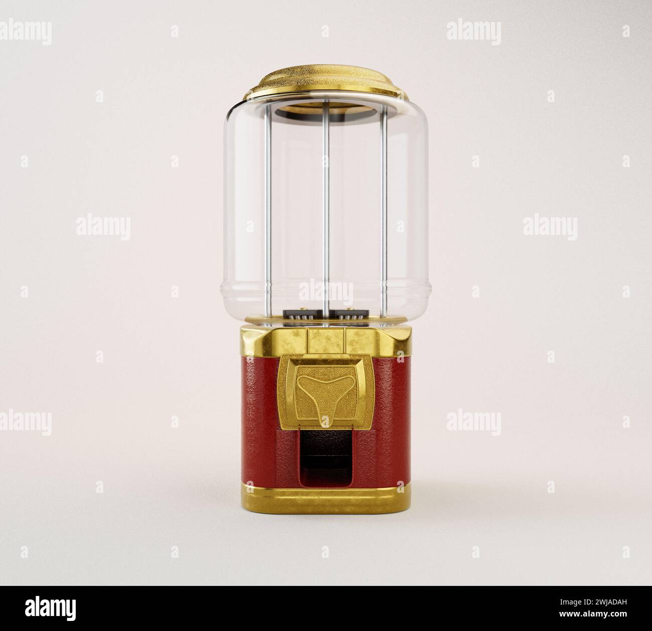 An empty red and brass vintage gumball dispensing machine fon an ...