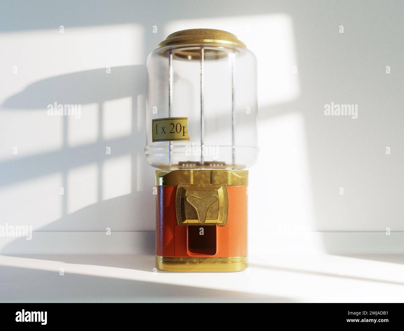 An empty red and brass vintage gumball dispensing machine fon an ...