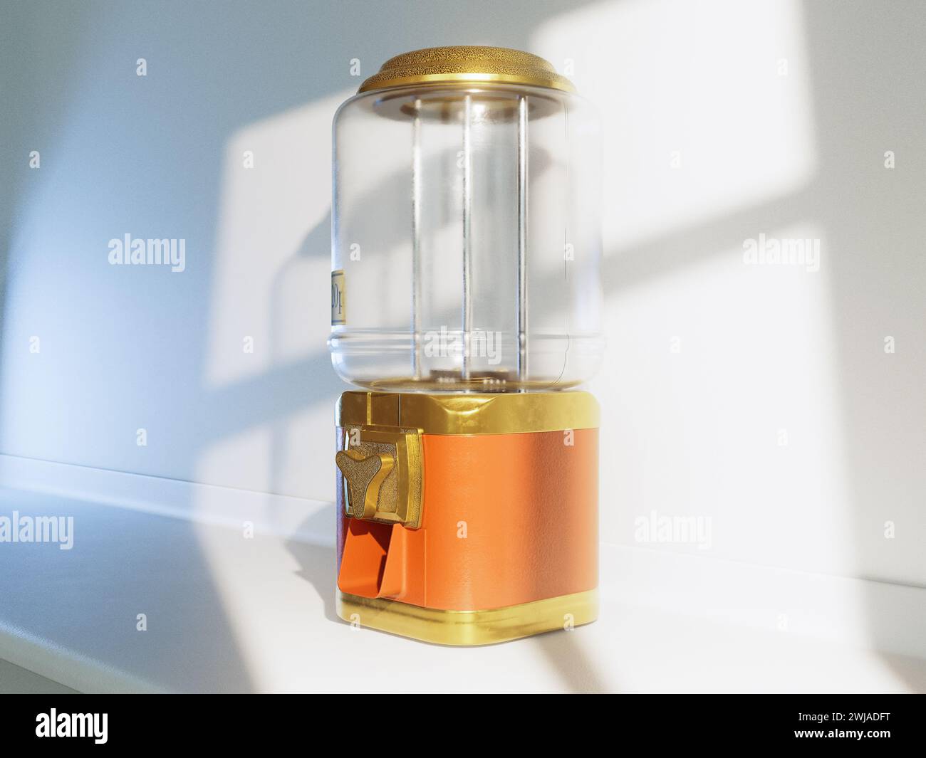 An empty red and brass vintage gumball dispensing machine fon an ...