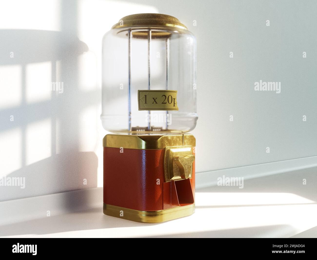 An empty red and brass vintage gumball dispensing machine fon an ...