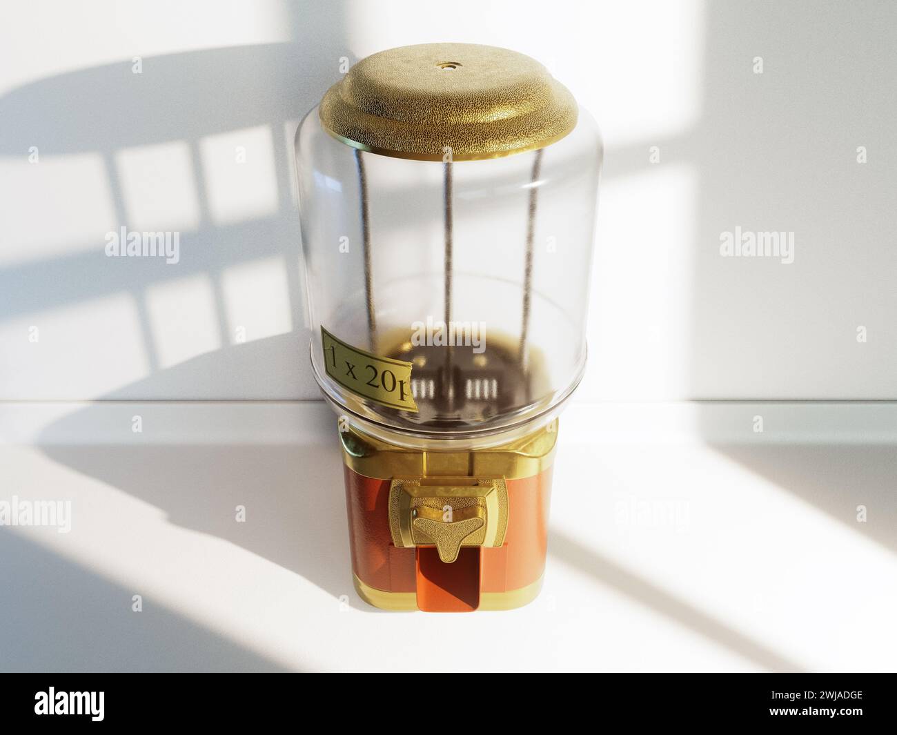 An empty red and brass vintage gumball dispensing machine fon an ...