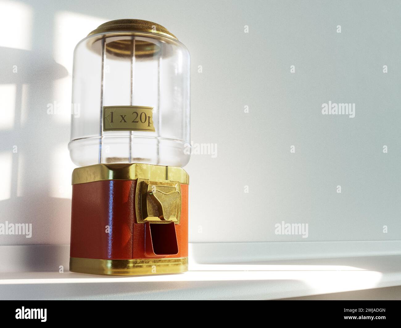 An empty red and brass vintage gumball dispensing machine fon an ...