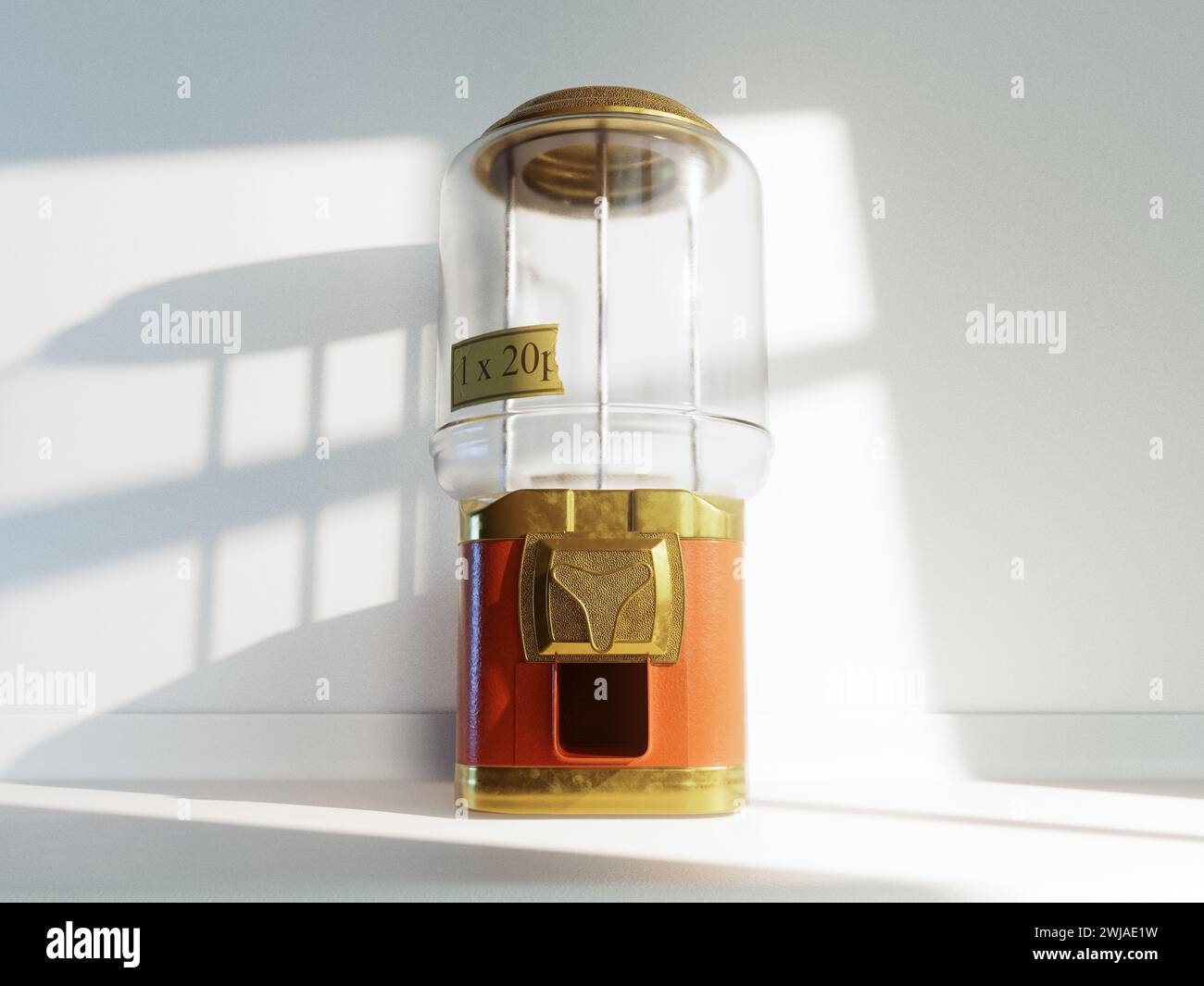 An empty red and brass vintage gumball dispensing machine fon an ...