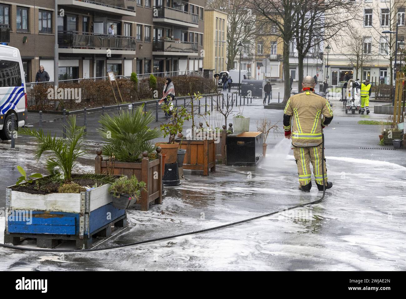 Brussels, Belgium. 14th Feb, 2024. Firemen pictured on the scene were a ...