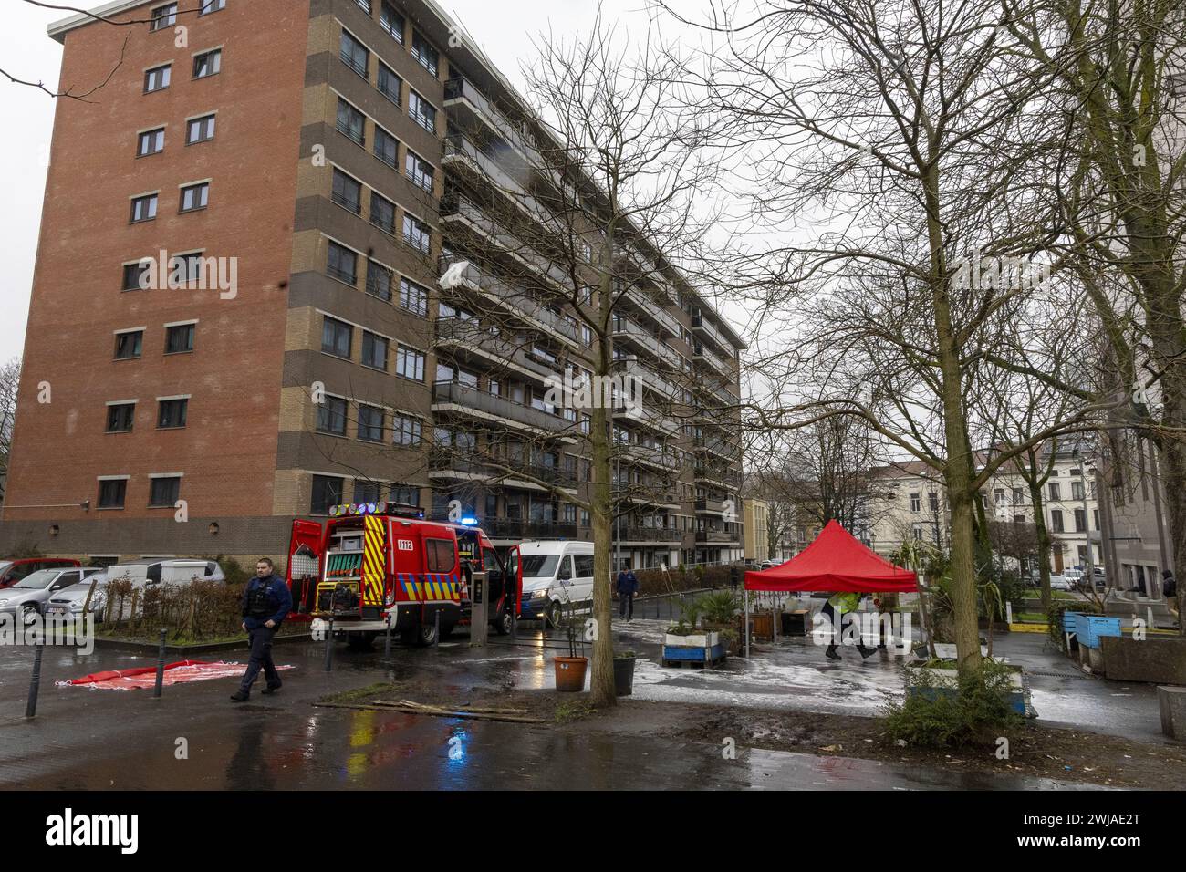 Brussels, Belgium. 14th Feb, 2024. Firemen pictured on the scene were a ...