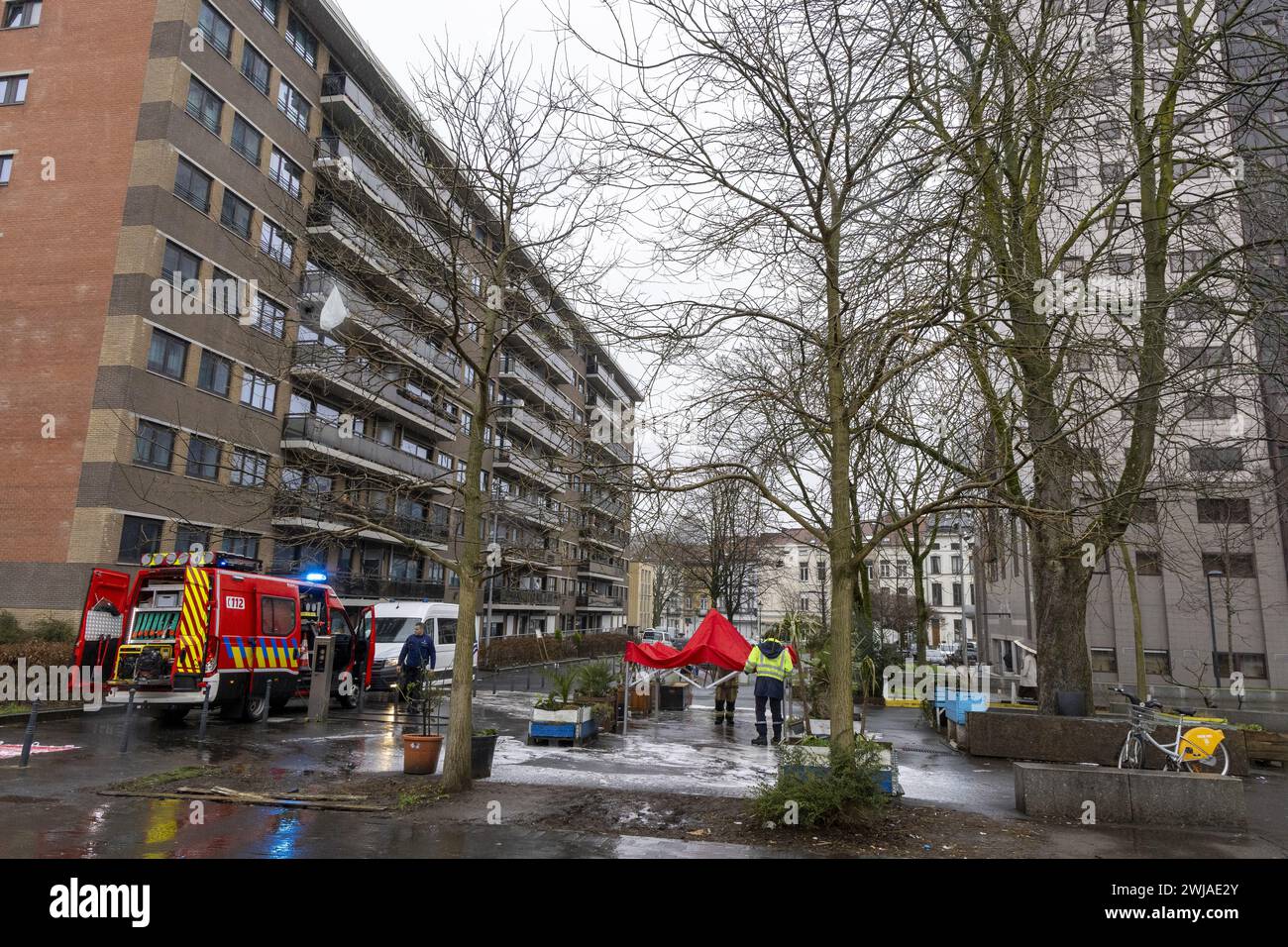 Brussels, Belgium. 14th Feb, 2024. Firemen pictured on the scene were a ...