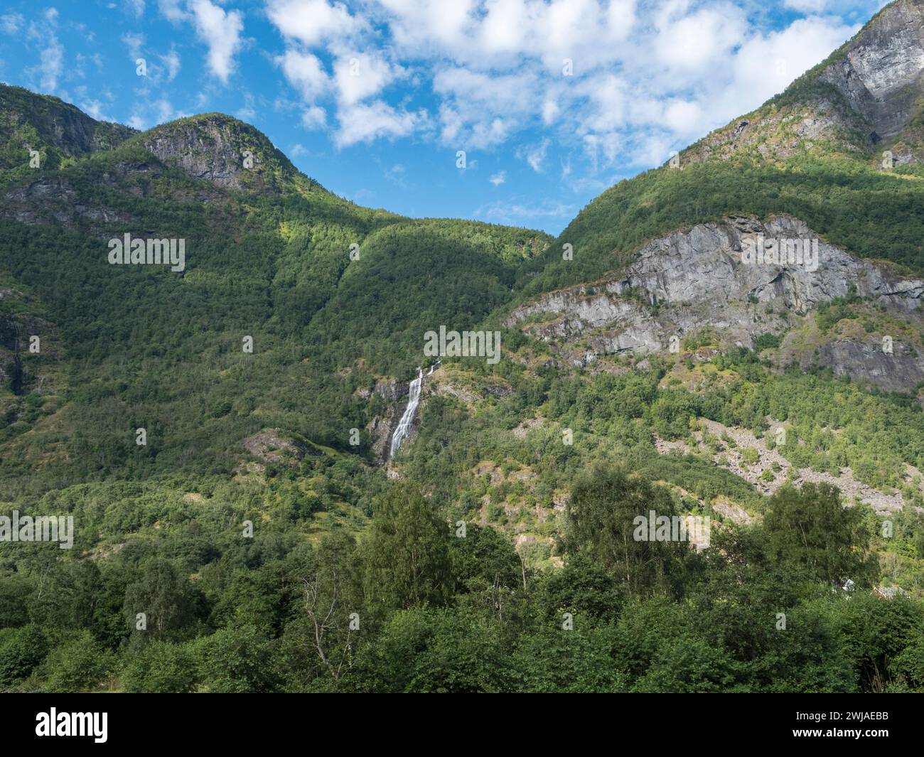 View up the valley from the famous Flåmsbana (Flåm Railway) train on ...